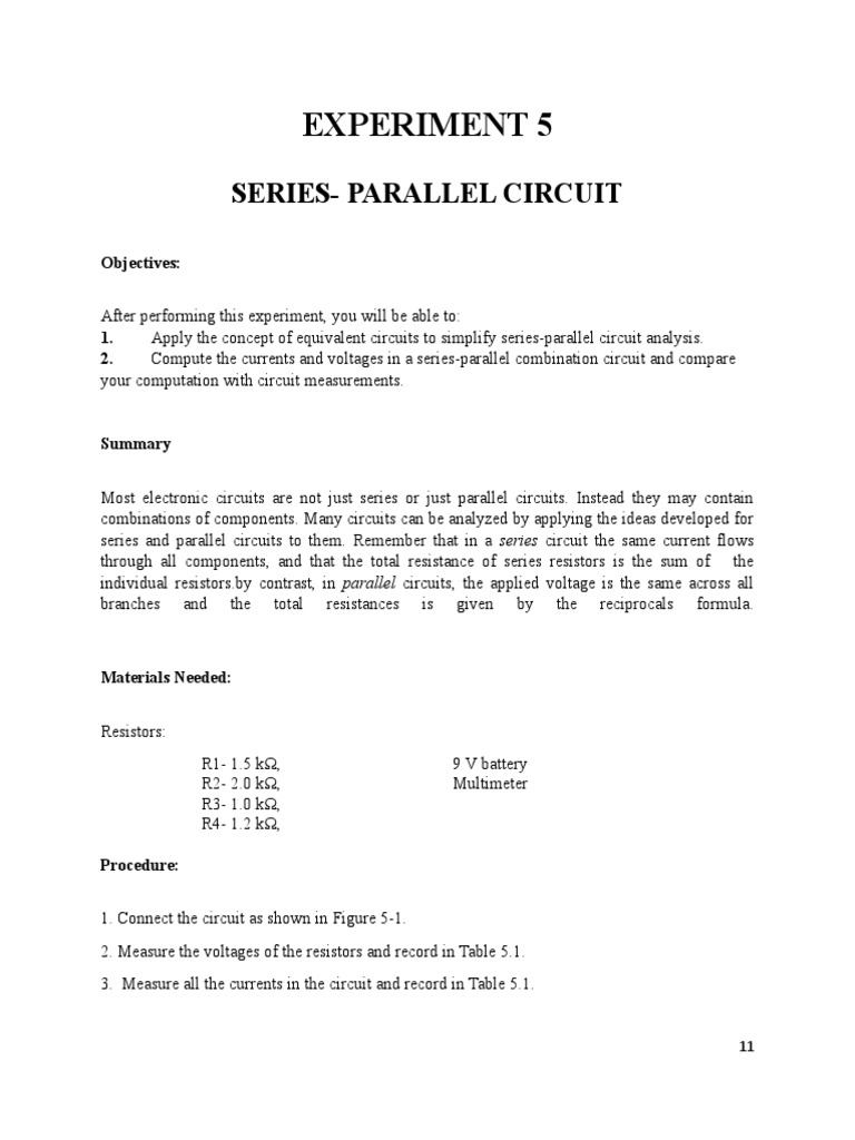 Experiment 5 Series Parallel Circuit | PDF | Series And Parallel ...