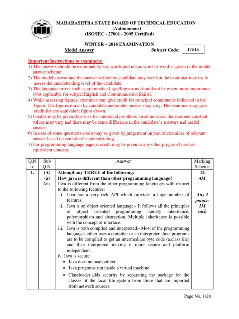 Maharashtra State Board Technical Education Winter 2016 Exam Model Answer 17515 | PDF | Class ...
