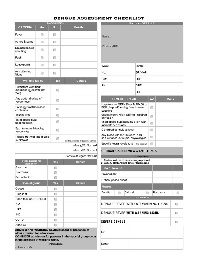 Dengue Assessment Checklist | PDF | Symptoms And Signs | Human Diseases ...
