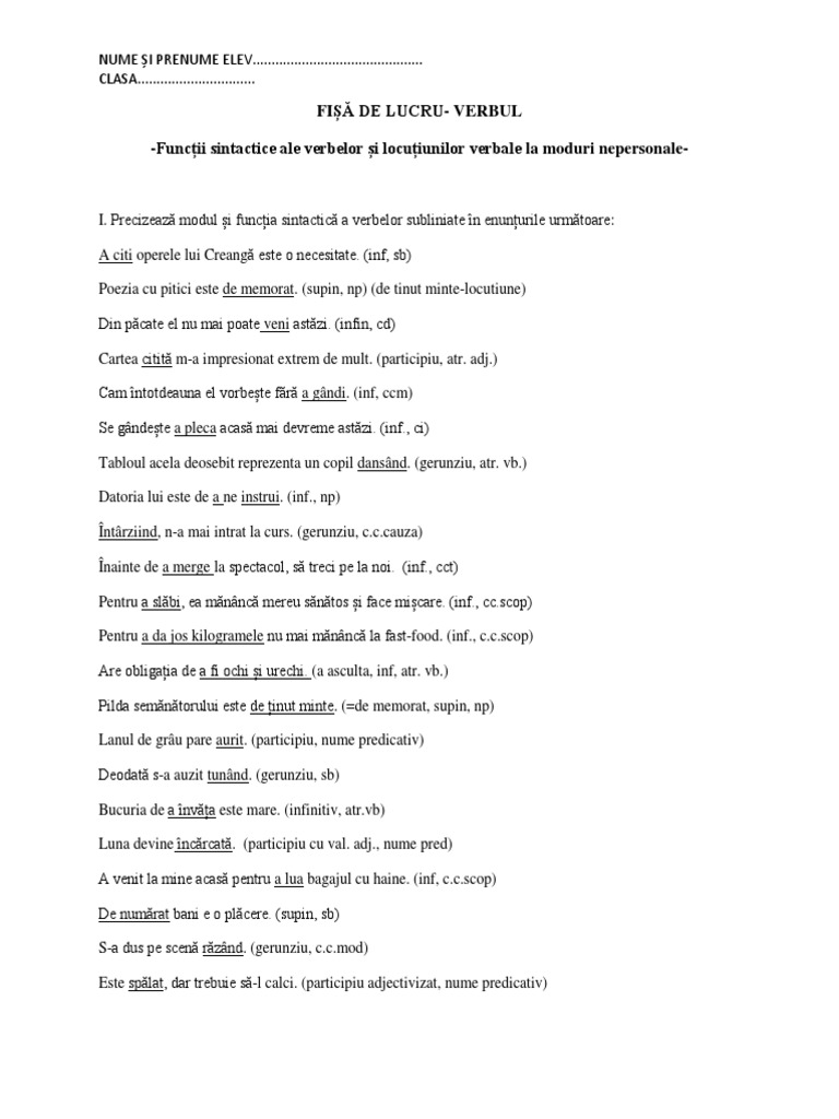 Fisa de Lucru Functii Sintactice Ale Verbelor La Modurile Nepersonale | PDF