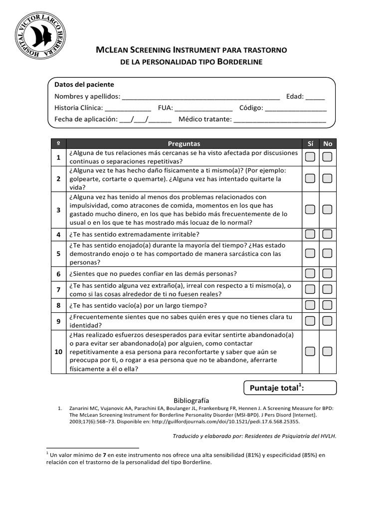 Evaluación del Trastorno Límite de la Personalidad mediante el ...