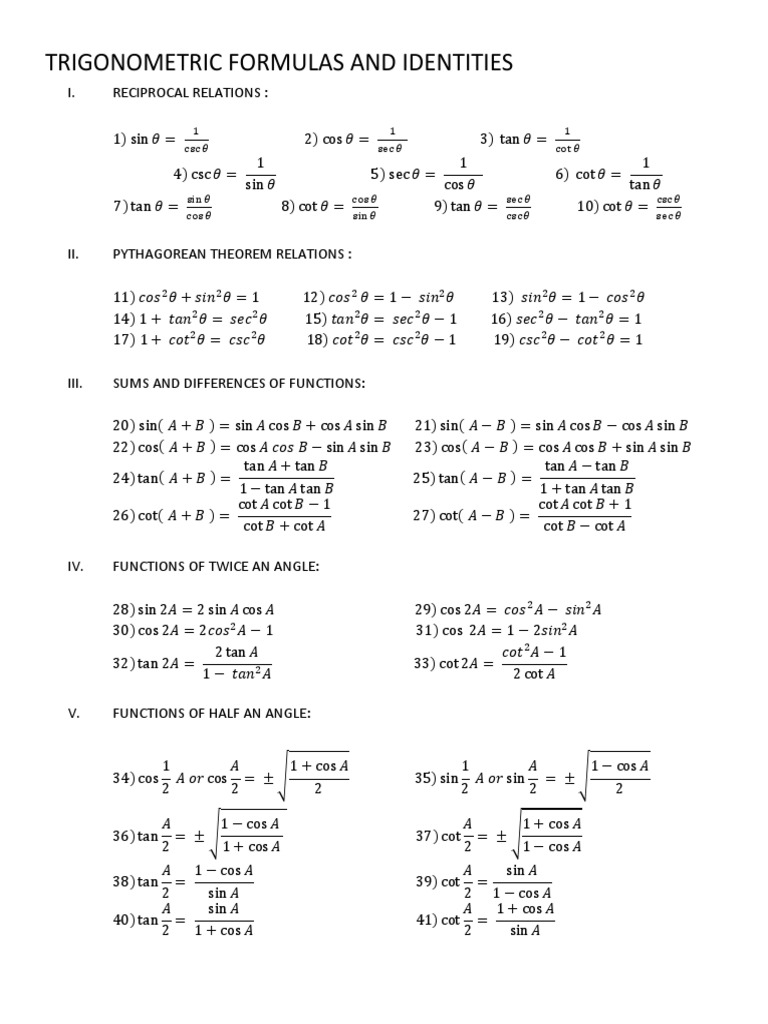 Trigonometric Formulas and Identities | PDF | Trigonometric Functions ...