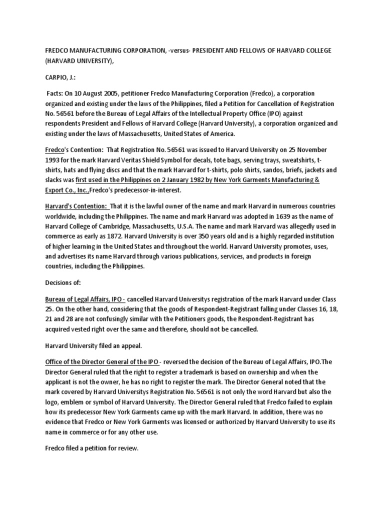 Fredco vs. Harvard | PDF | Trademark | Business Law