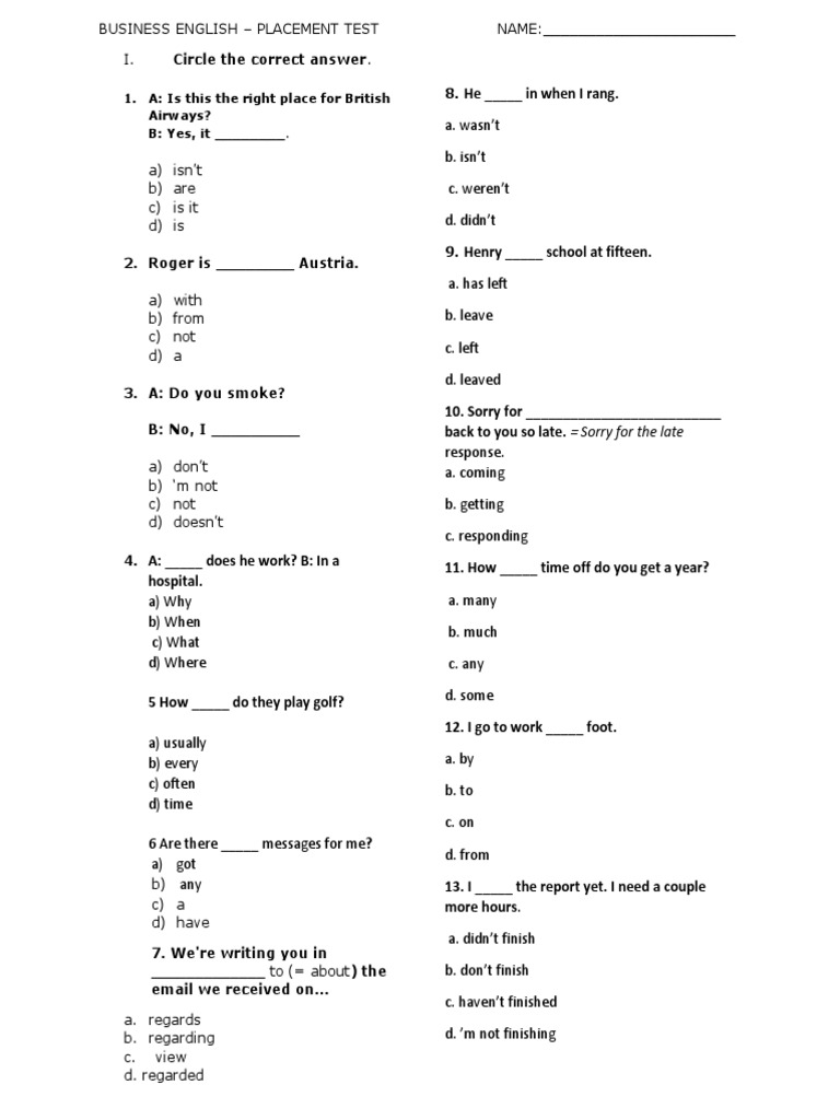 Business English - Placement Test 1 | Download Free PDF | Business