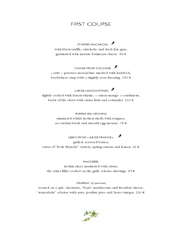 Le Bristol Paris Epicure English Menu | PDF | Roasting | Sausage