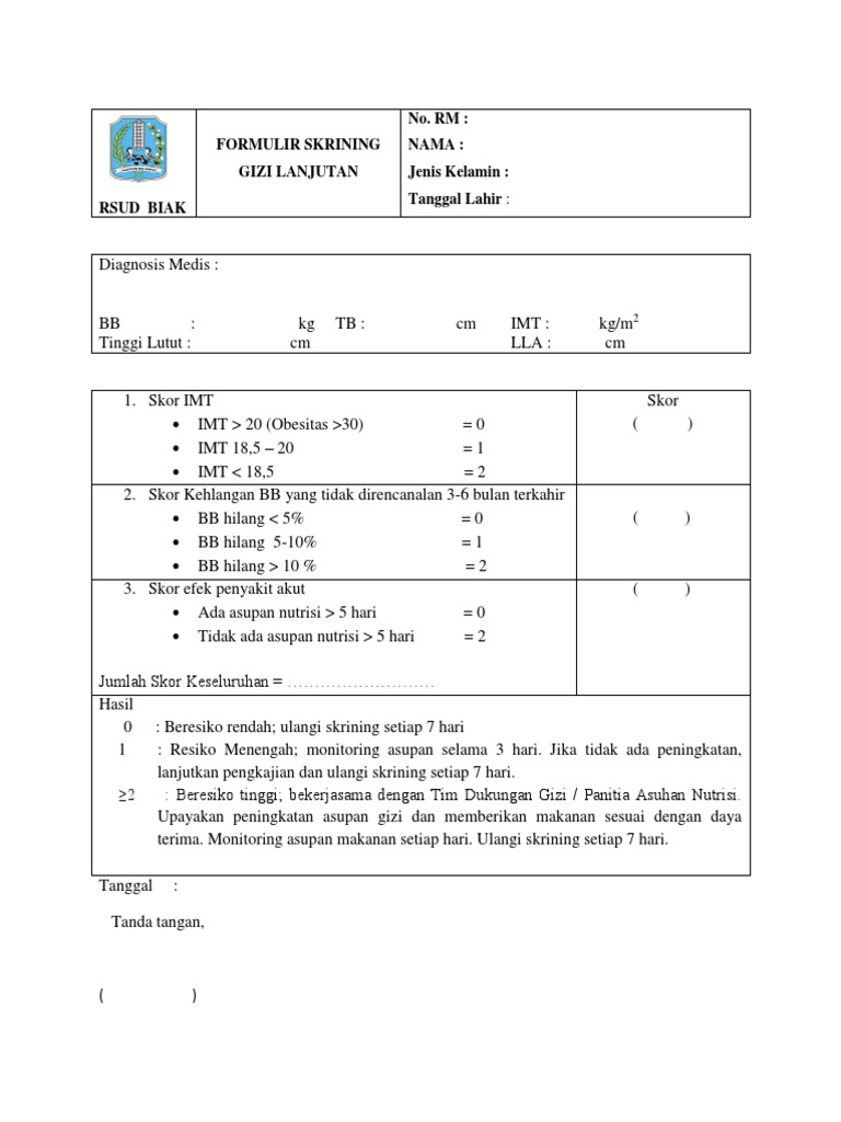 FORM Skrining Gizi Lanjutan | PDF