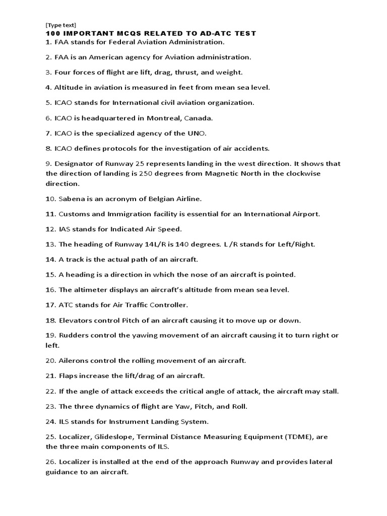 100 Important Mcqs Related To Ad-Atc Test: (Type Text) | PDF | Federal ...