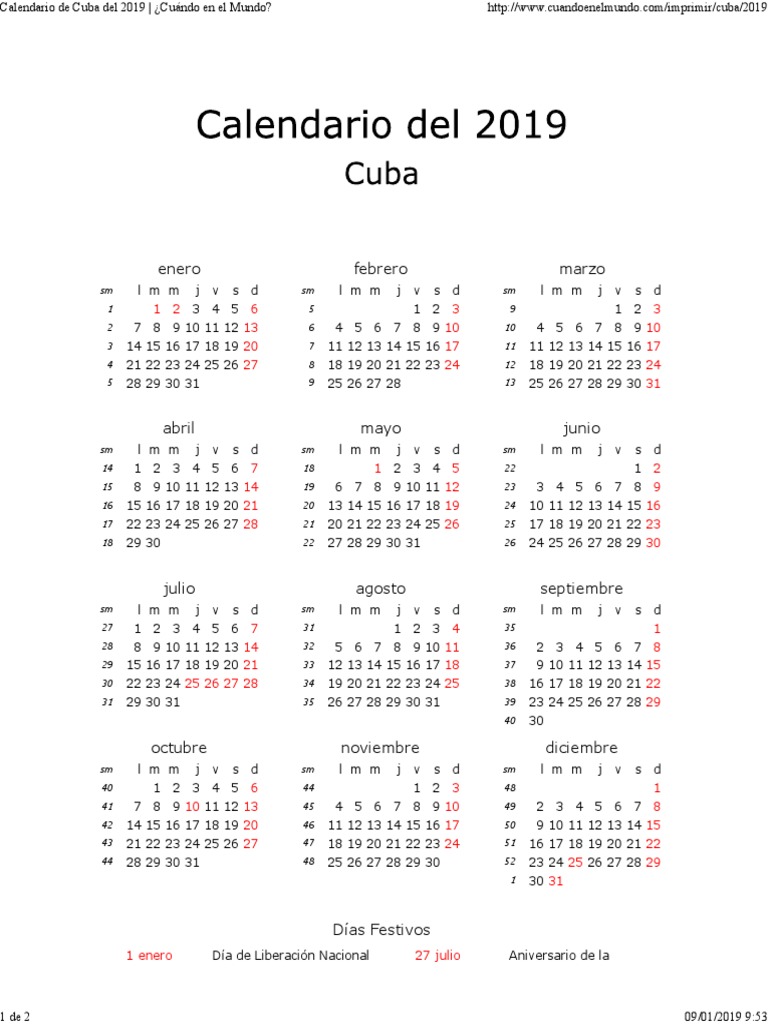 Calendario de Cuba Del 2019 - ¿Cuándo en El Mundo | PDF | Calendario ...