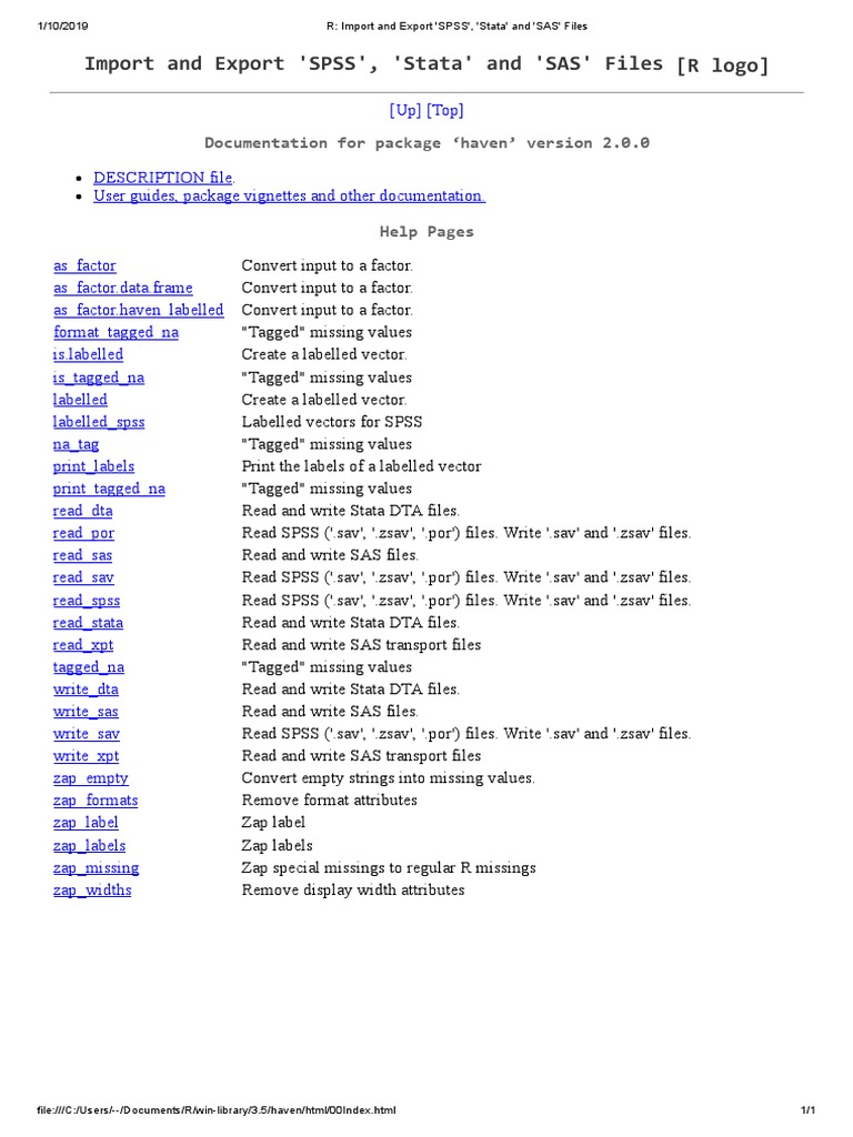 R - Import and Export 'SPSS', 'Stata' and 'SAS' | PDF | Sas (Software ...