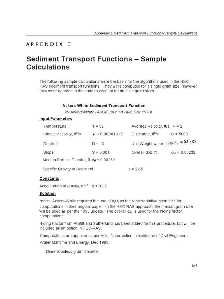 Sediment Transport Functions - Sample Calculations: Appendix E | PDF | Soft Matter | Mechanics
