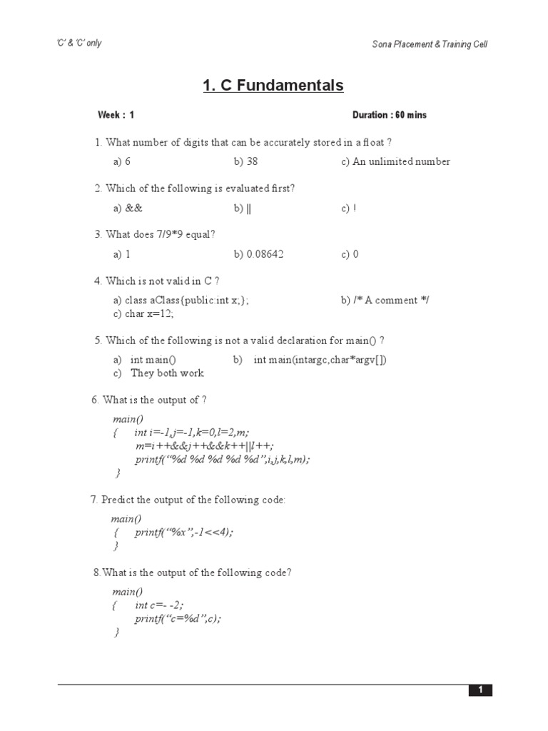 C Fundamentals: Week: 1 Duration: 60 Mins | Download Free PDF | Software Engineering | Computer ...