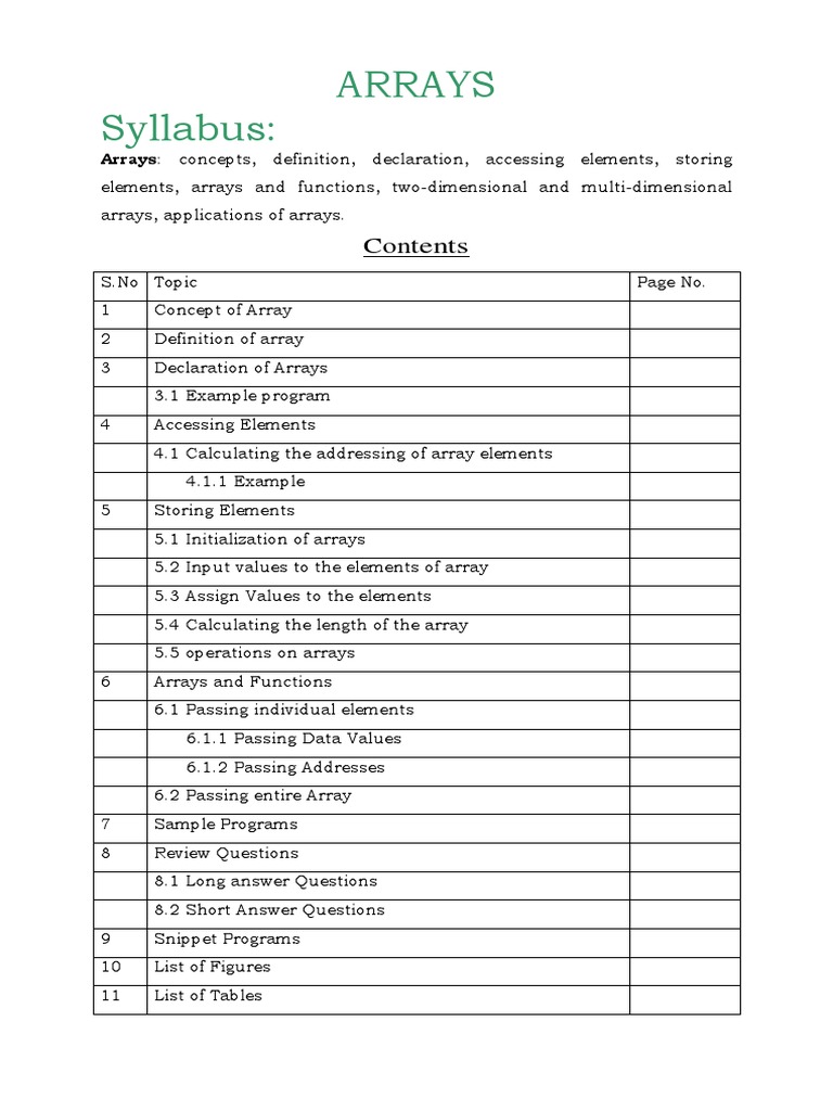 Arrays Syllabus:: Arrays: Concepts, Definition, Declaration, Accessing Elements, Storing | PDF ...