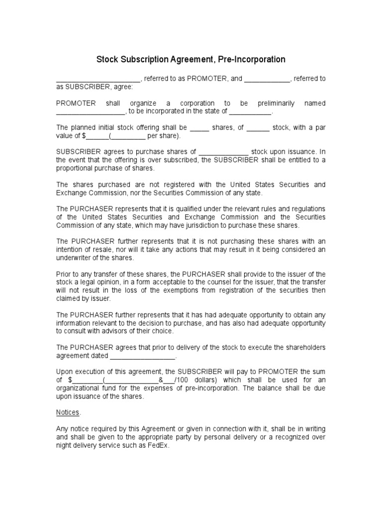 Stock Subscription Agreement, Pre Incorporation | PDF | Stocks ...