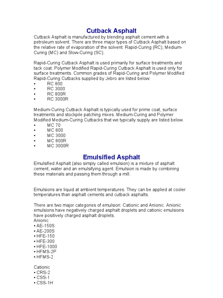 Cutback Asphalt Classifications | PDF | Asphalt | Emulsion