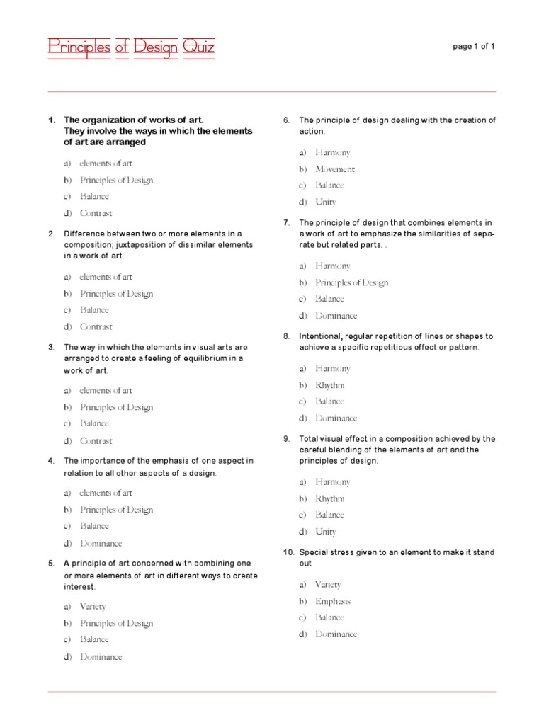 Principles of Design Quiz | PDF | Composition (Visual Arts) | Aesthetics