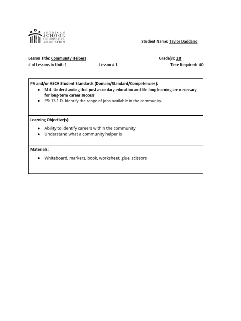 Community Helper Lesson Plan Grade 1 - College and Career | PDF ...
