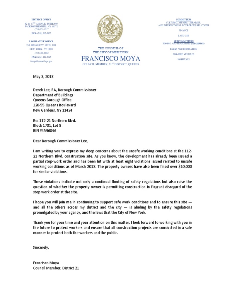 DOB Letter RE Northern Blvd. Safety | Queens | New York City