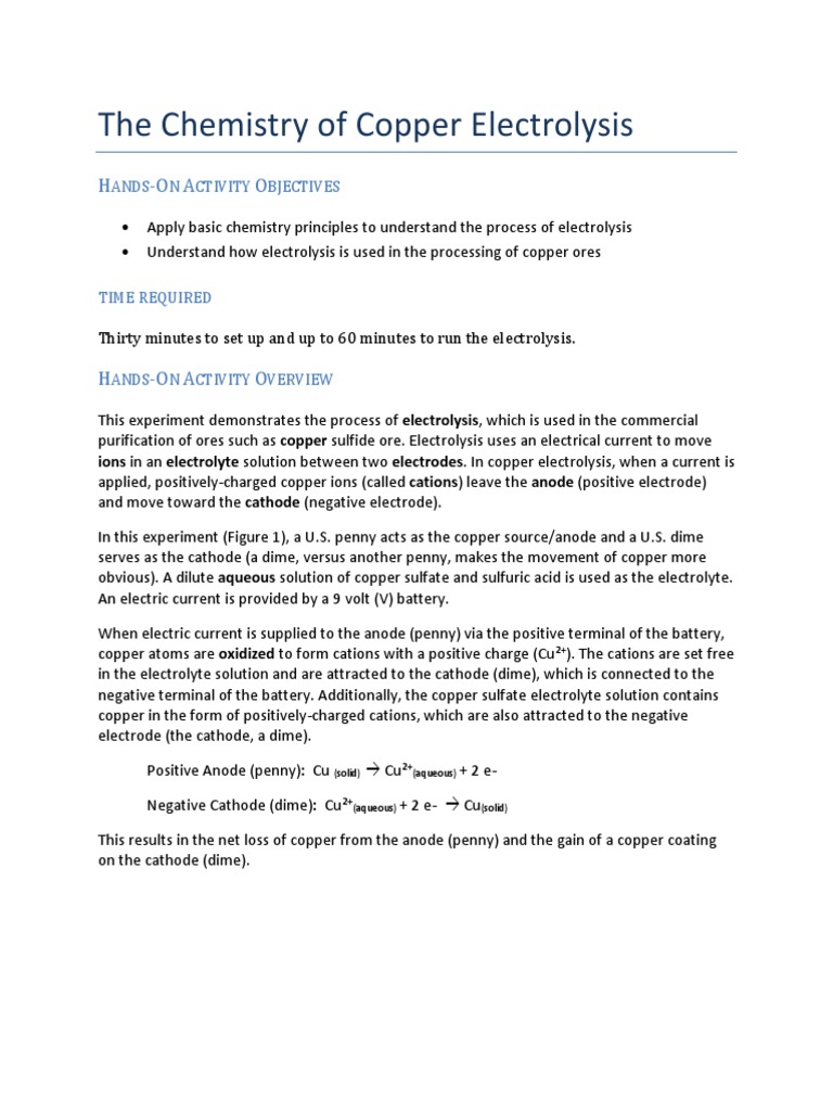 Copper Electrolysis Experiment Guide | PDF | Anode | Cathode