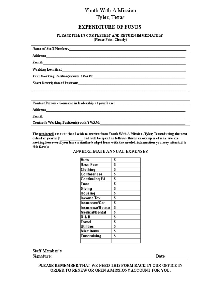 Missionary - Expenditure of Funds Form | PDF | Expense | Public Finance