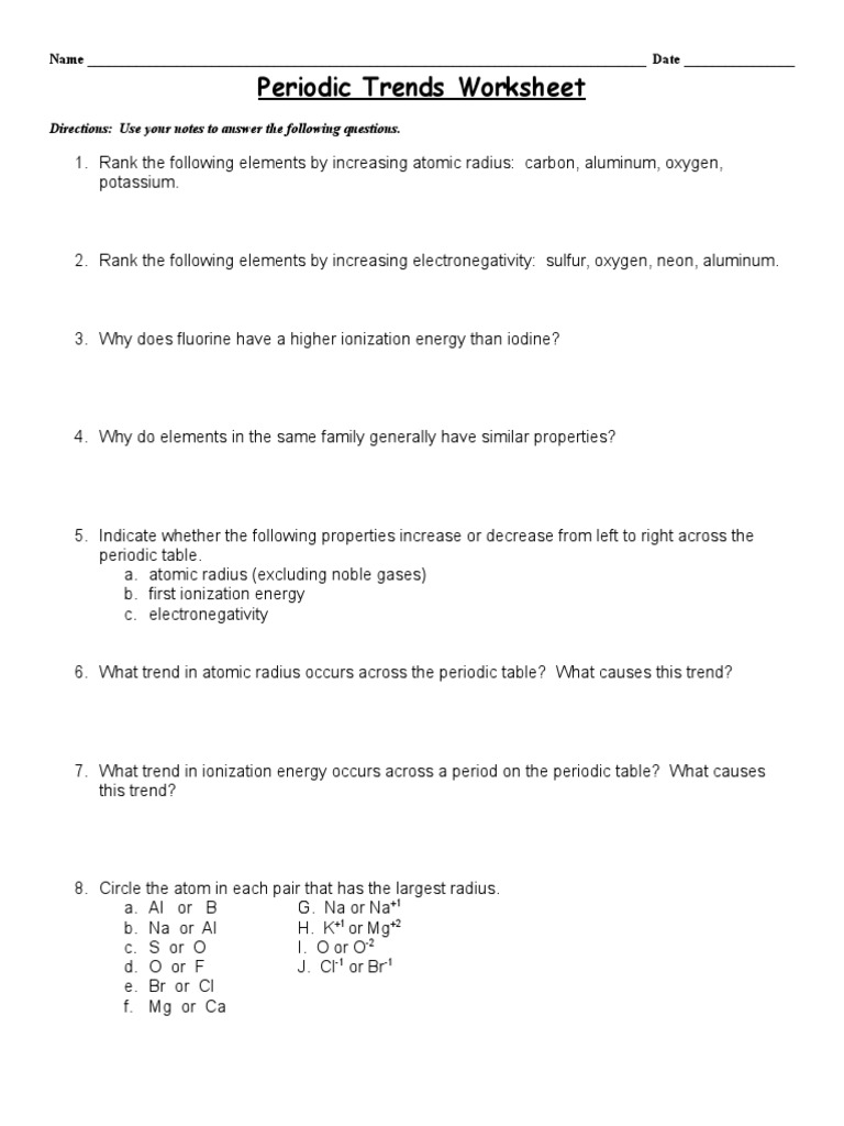 Periodic Trends Worksheet and Answers | PDF