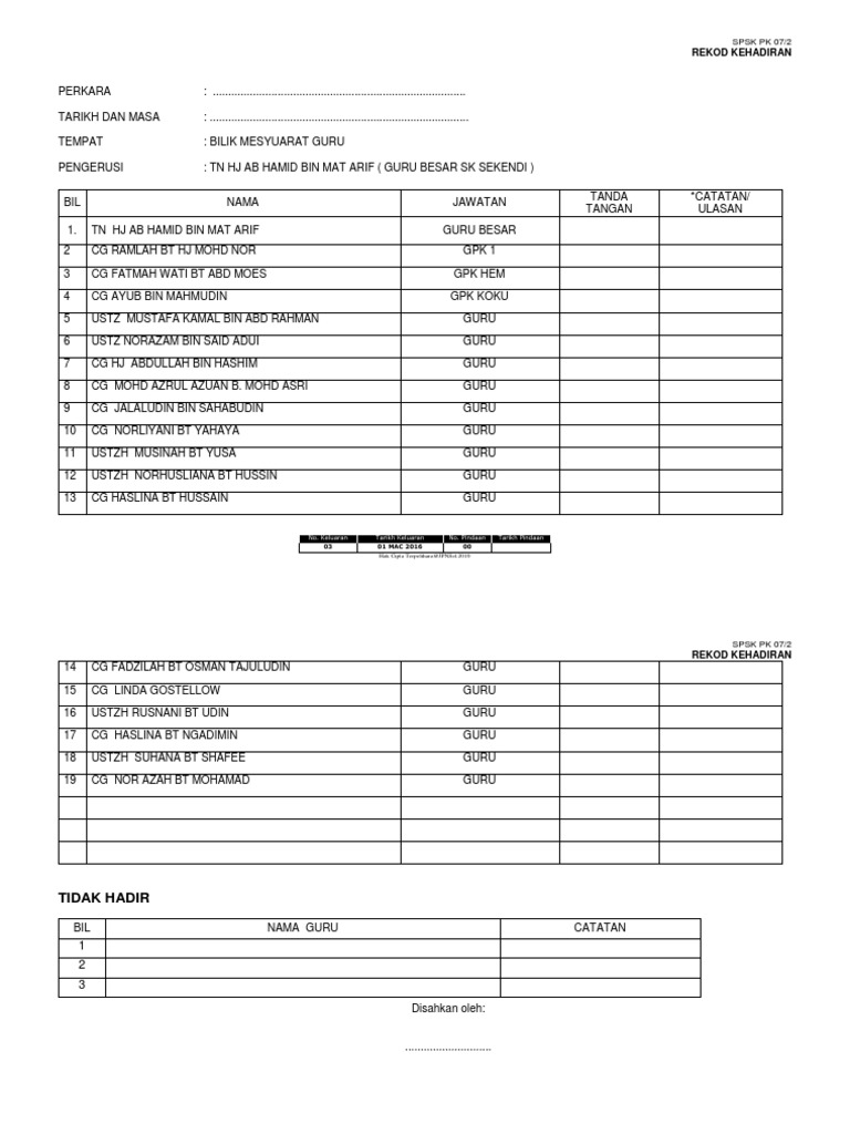 Spsk Pk07 2 Rekod Kehadiran Pdf