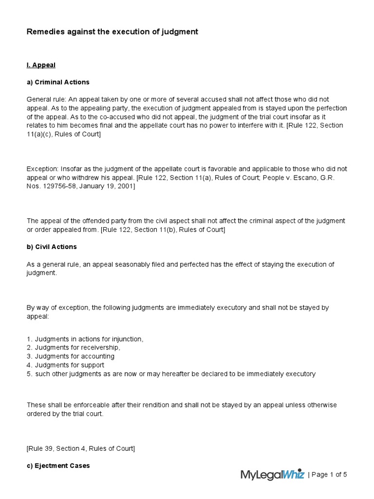 Remedies Against The Execution of Judgment | PDF | Supersedeas Bond ...