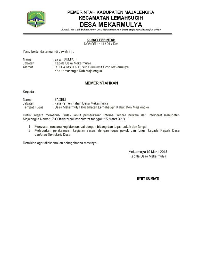 Surat Perintah Tugas KPD Perangkat | PDF