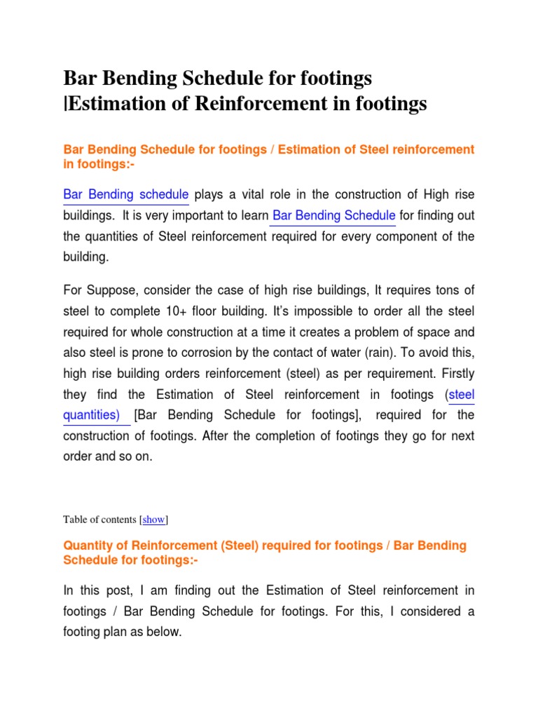 Bar Bending Schedule For Footings Estimation of Reinforcement in ...