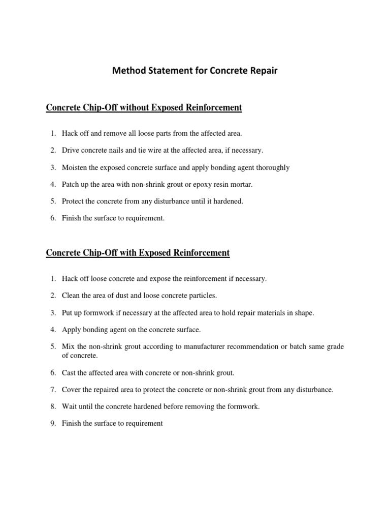 Method Statement For Concrete Repair | PDF