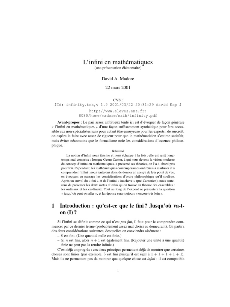 L'infini en Mathématiques (Présentation Élémentaire) | PDF