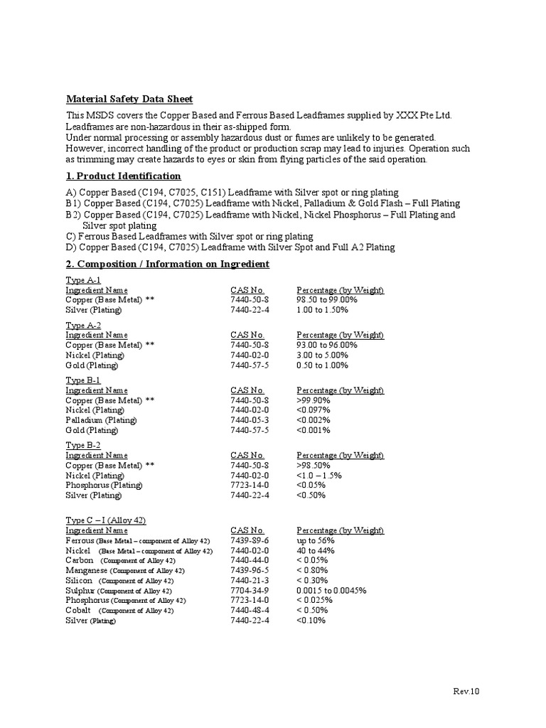 MSDS Leadframe (16 Items) | PDF | Alloy | Metals