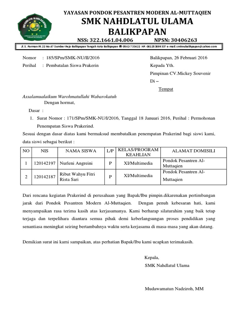 Surat Pembatalan Prakerin Siswa | PDF