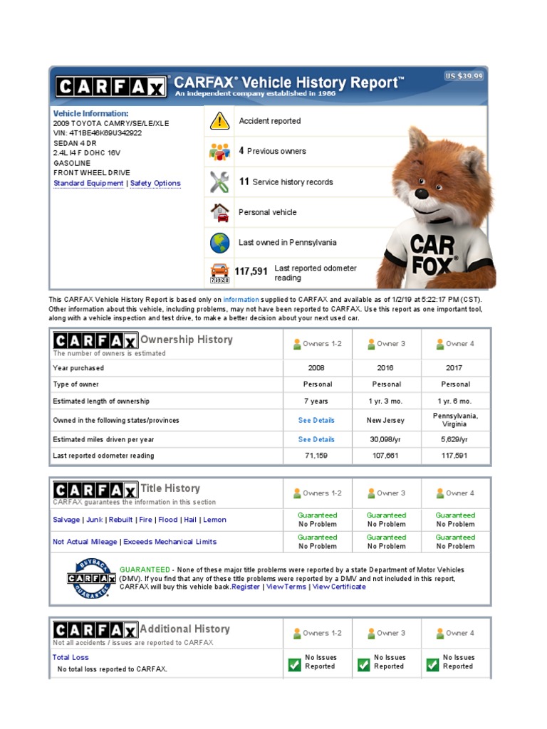 Toyota Carfax Report Pdf Used Car Department Of Motor Vehicles