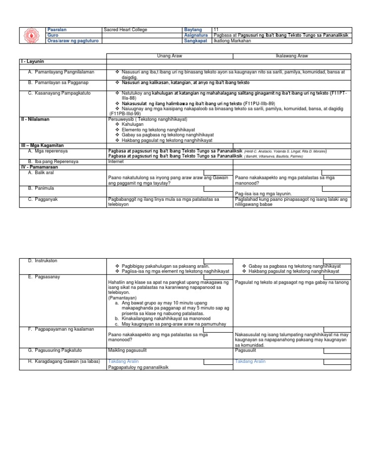DLL Filipino 102 Grade 11 | PDF