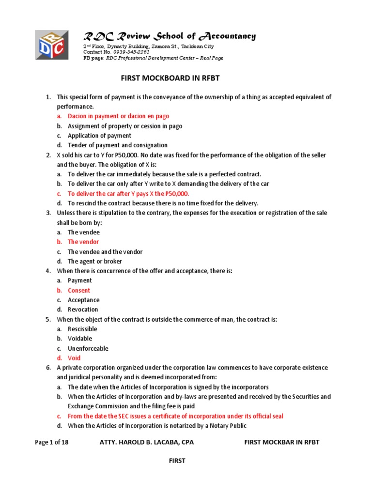 First Mockbar in RFBT With Answers | PDF | Partnership | Corporations