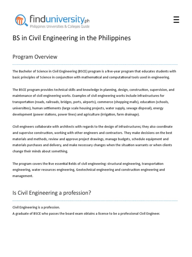 BS in Civil Engineering in The Philippines | PDF | Civil Engineering ...