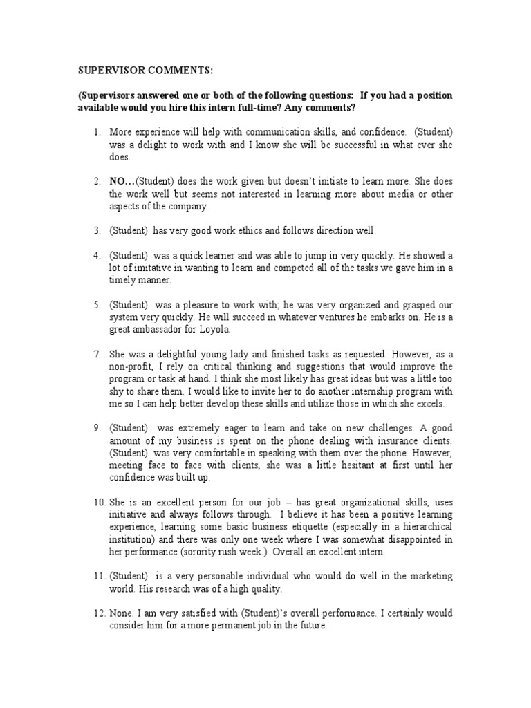 Internship Supervisor Comments | PDF | Internship | Job Hunting