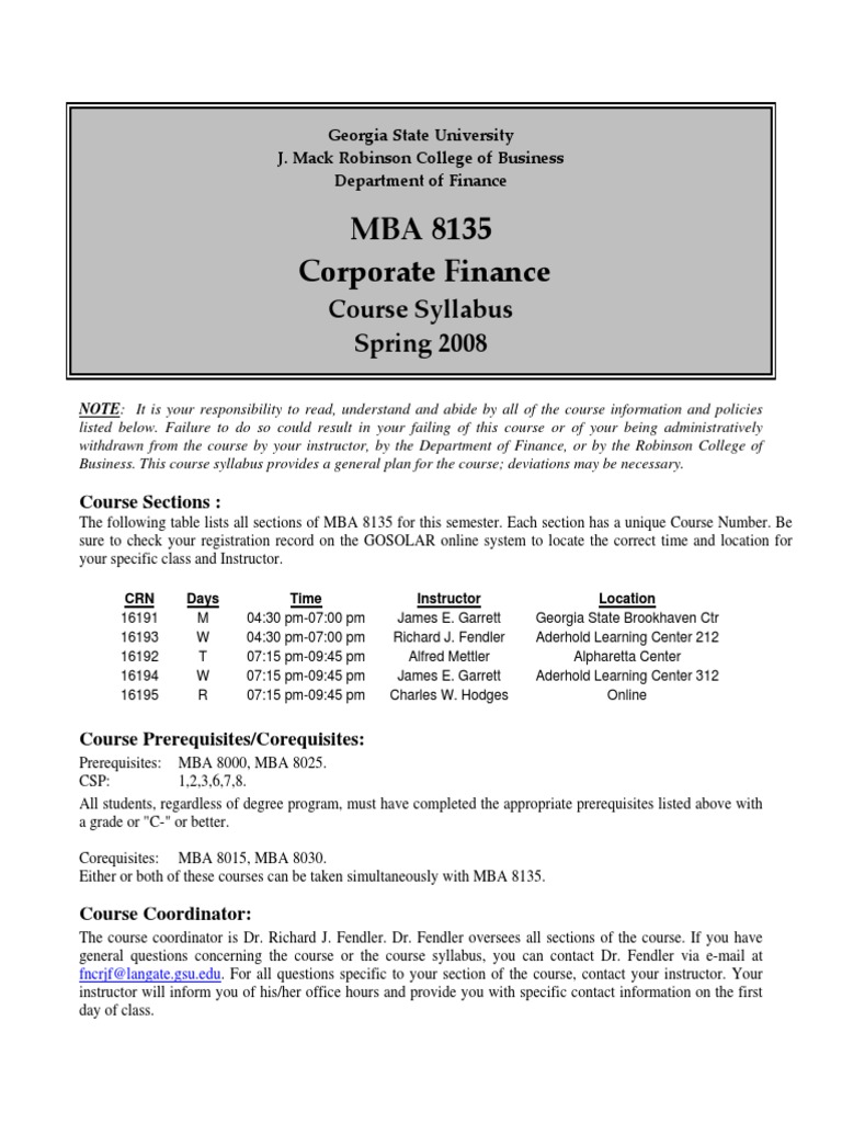 MBA 8135 Corporate Finance: Course Syllabus Spring 2008 | PDF | Capital ...