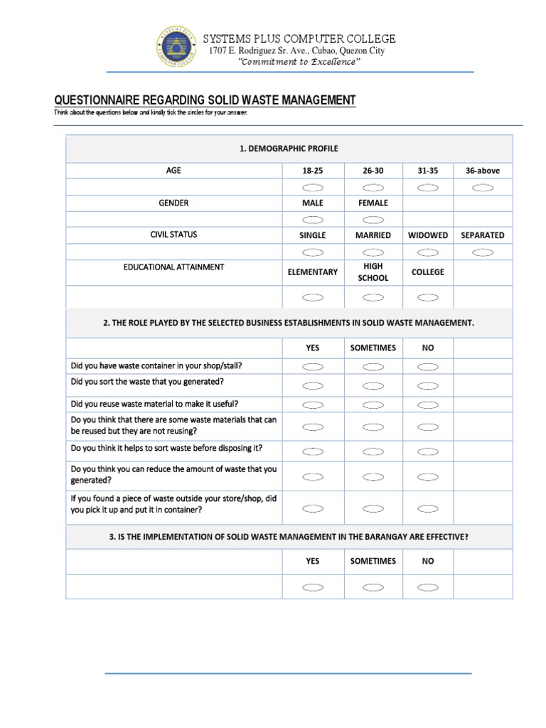 Questionnaire Regarding Solid Waste Management: Systems Plus Computer ...