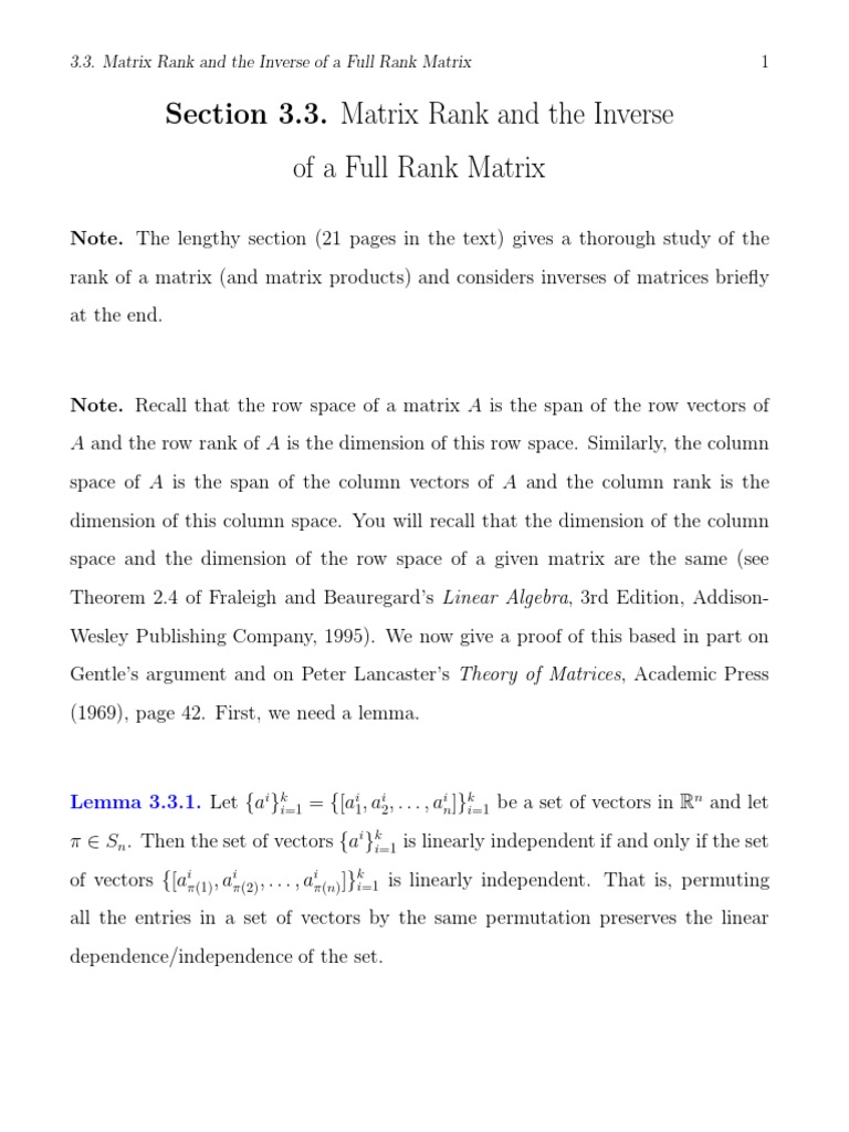 Section 3.3. Matrix Rank and The Inverse of A Full Rank Matrix | PDF ...