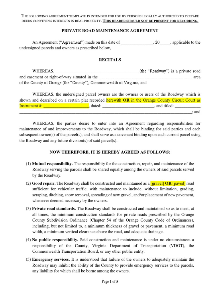Private Road Maintenance Agreement Template 5-3-18 - 201805071549595546 ...