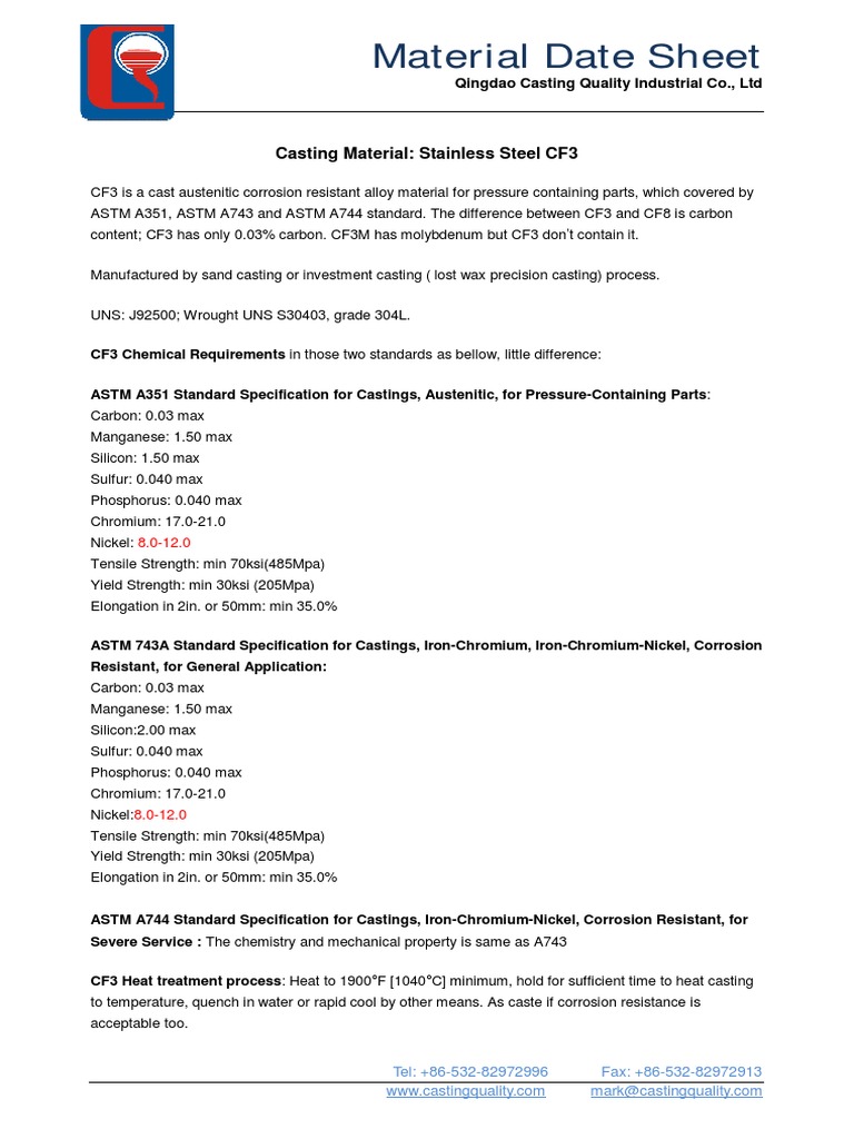 Casting Material CF3 & CF8 | PDF | Stainless Steel | Heat Treating