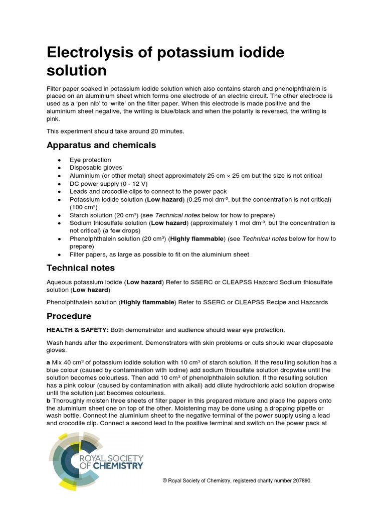 CFN19_Electrolysis of potassium iodide s.pdf | Iodine | Solution