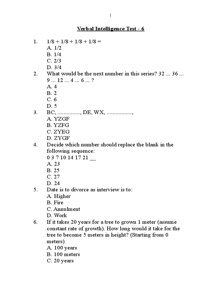 Verbal Intelligence Test - 6 | PDF | Nature