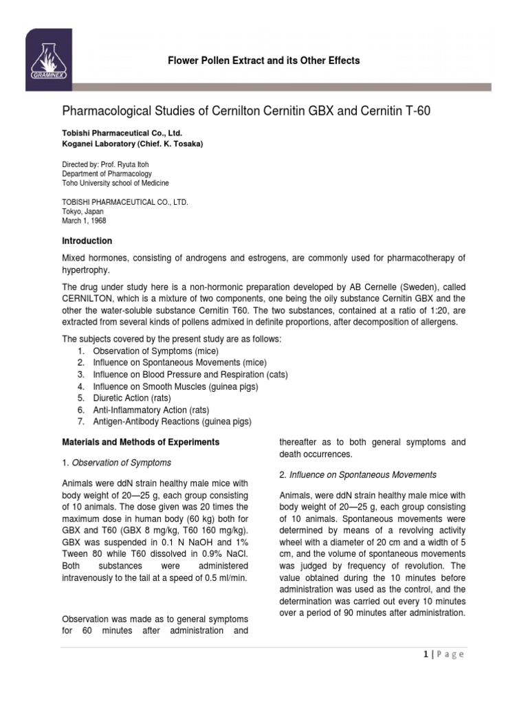 Pharmacological Studies of Cernilton Cernitin GBX and Cernitin T 60 ...