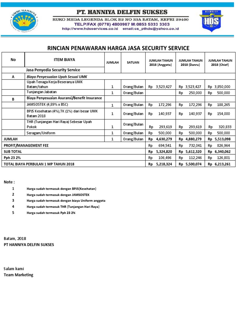 Rincian Penawaran Harga Jasa Security Service | PDF