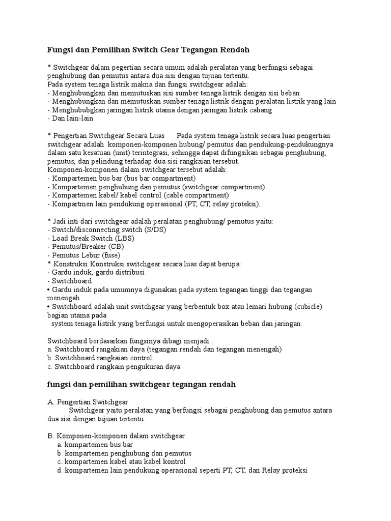 Fungsi Dan Pemilihan Switch Gear Tegangan Rendah | PDF