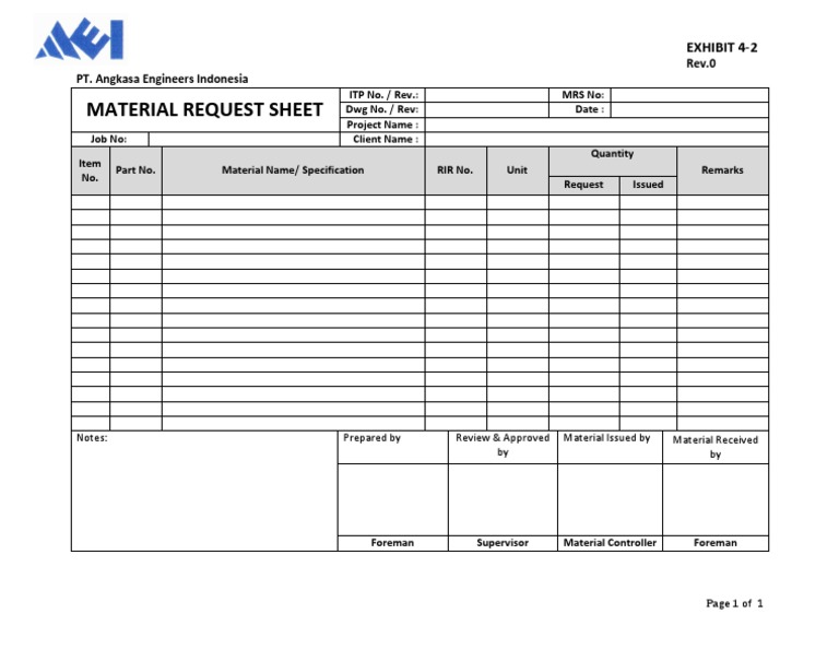 Exhibit 4-2 Material Request Sheet | PDF