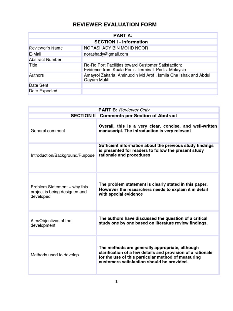 Reviewer Evaluation Form (Roro) | PDF | Customer Satisfaction | Evaluation