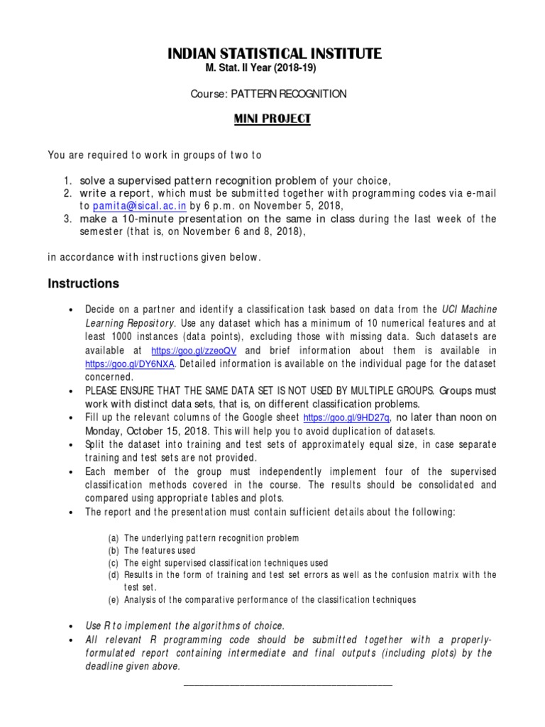 Indian Statistical Institute: Mini Project | PDF | Pattern Recognition | Statistical Classification